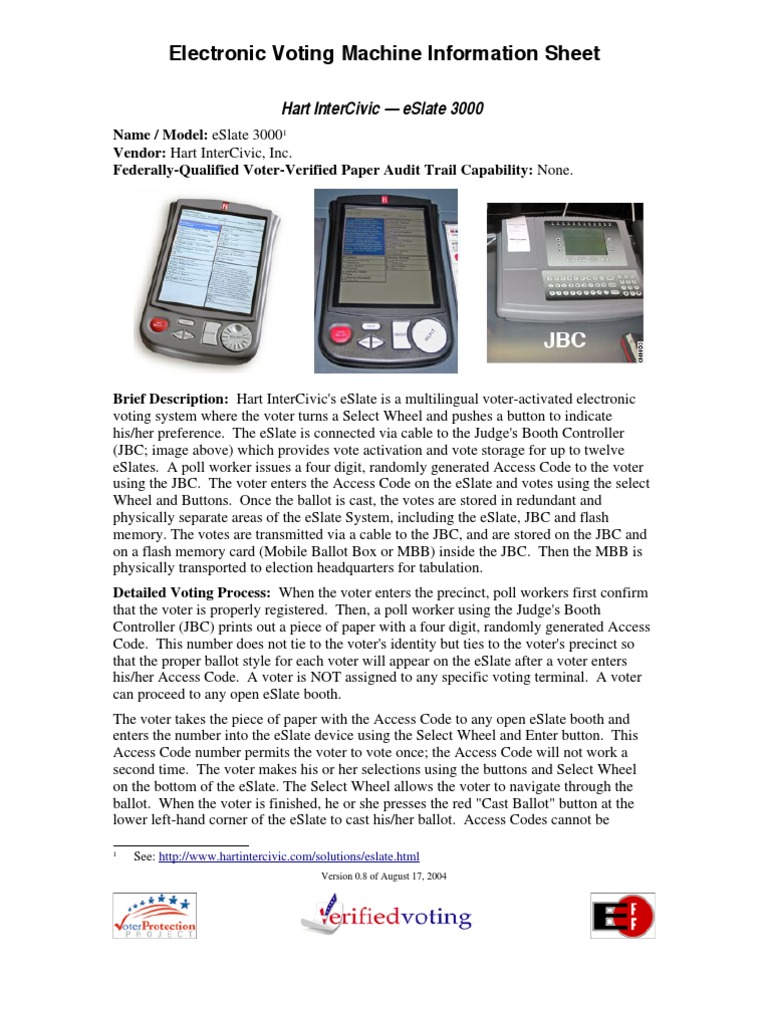 00214-20040818 Hart Eslate v0 8 | PDF | Electronic Voting | Voting Machine