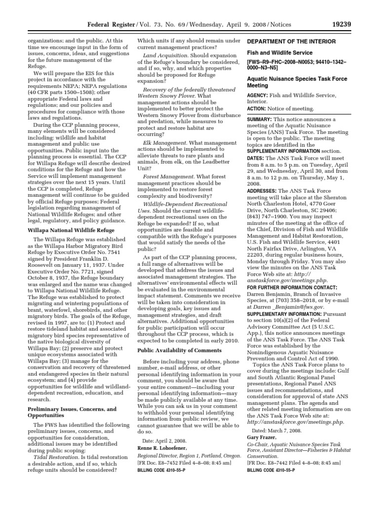 Notice: Environmental Statements Availability, Etc.: Aquatic Nuisance ...