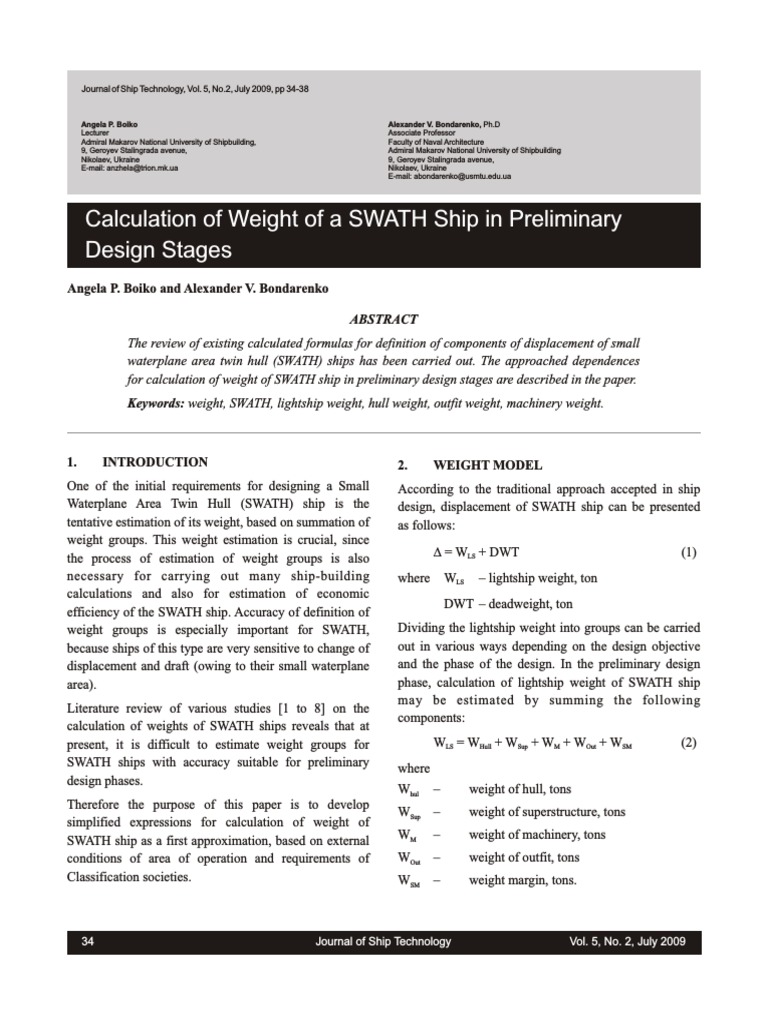 Calculation of Weight of A SWATH Ship On Preliminary Design Stages ...