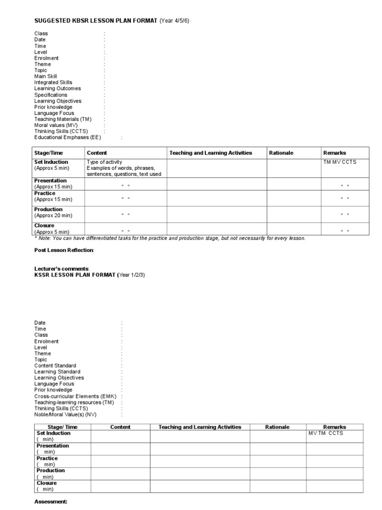 Suggested KBSR and KSSR Lesson Plan Format 1 | PDF | Reading ...