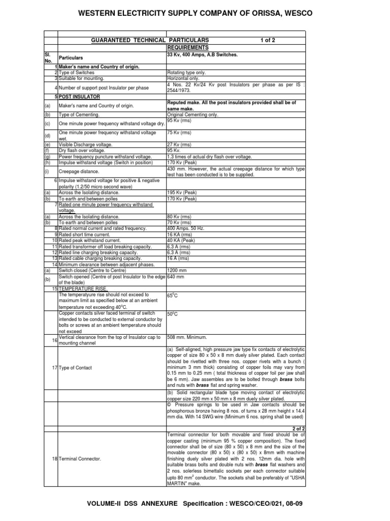 Specification For 33kV Switchgear | PDF | Insulator (Electricity ...