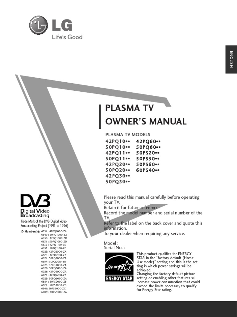 Eng Manual For LG 42PQ2000 | PDF | Hdmi | Display Technology