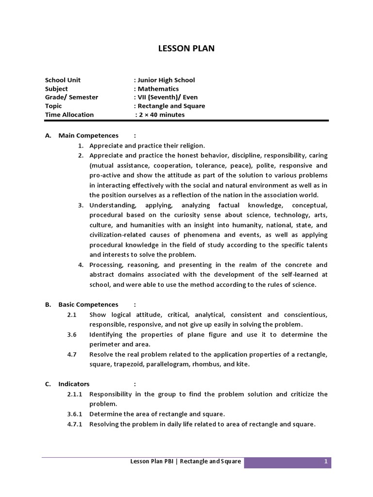 Area of Rectangle and Square Lesson Plan | PDF | Rectangle ...