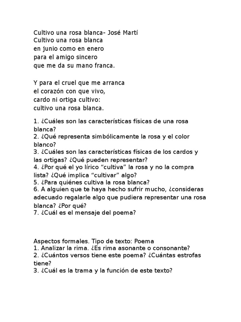 Análisis del poema "Cultivo una rosa blanca" | PDF | Artes del Lenguaje ...