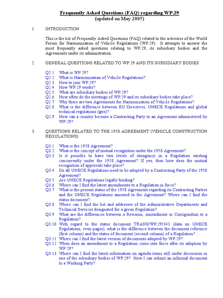 Frequently Asked Questions (FAQ) Regarding WP.29: (Updated On May 2005 ...