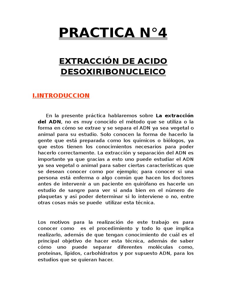 Practica N°4:extracción de Acido Desoxiribonucleico | PDF | Adn | Ciencias de la vida