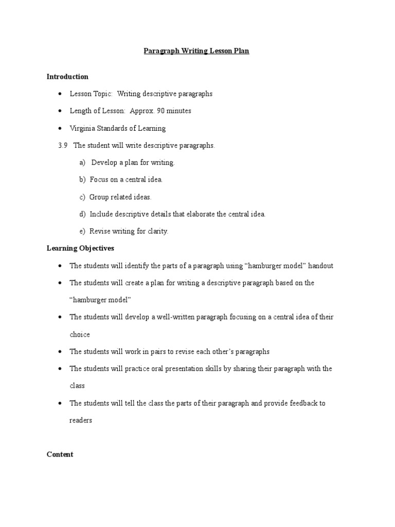 Hamburger Paragraph Lesson Plan