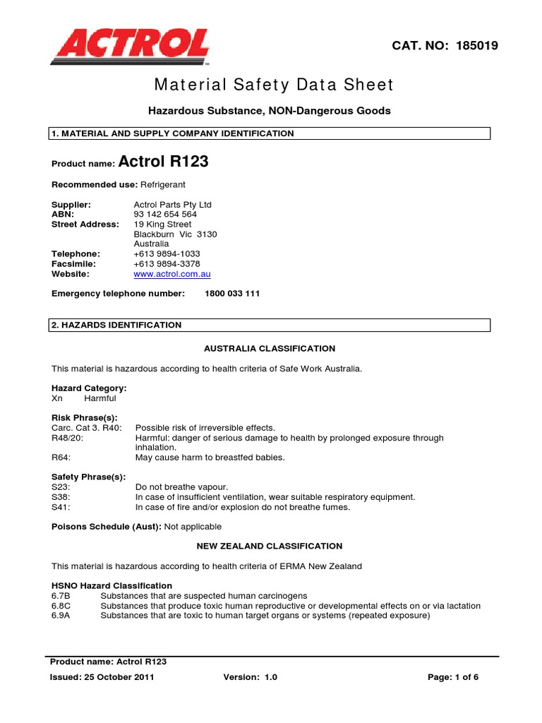 actrol-r123_msds (1) This material is hazardous according to health ...