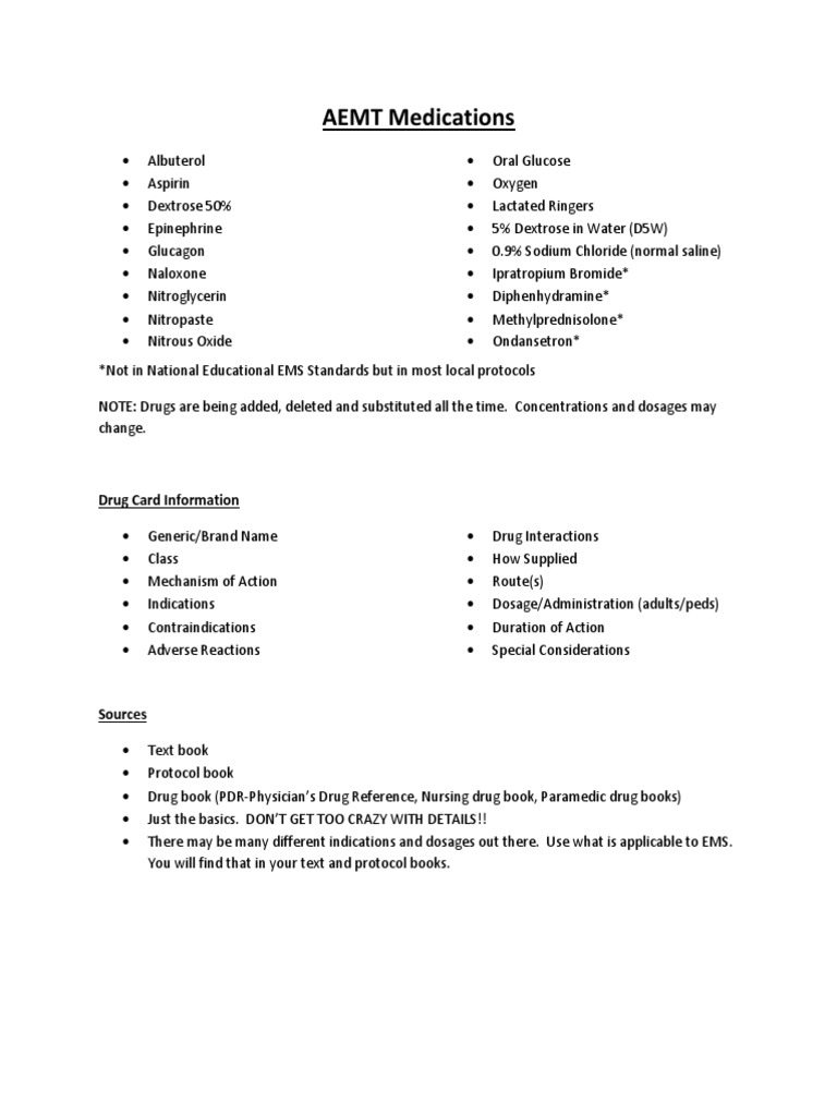 AEMT Medications: Drug Card Information | PDF | Medical Treatments ...