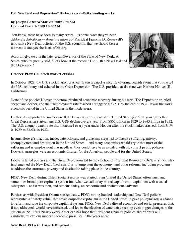 Joseph Lazzaro - Did New Deal End Depression | PDF | New Deal | Great ...