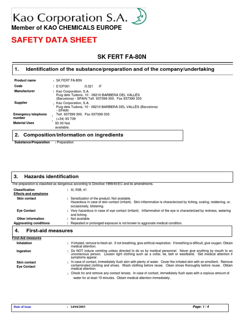 SK FERT FA-80N Safety Data Sheet | PDF | Personal Protective Equipment ...