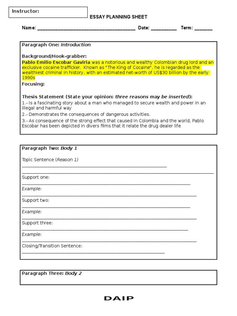 Essay Planning Sheet Name: - Date: - Term: - Instructor | PDF