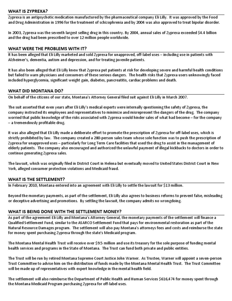 State Of Montana Eli Lillyzyprexa Lawsuit Fact Sheet Pdf