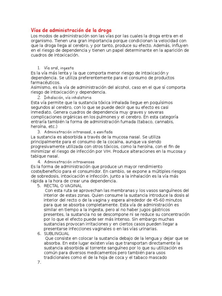 Vías de Administración de La Droga | PDF | Despachador de drogas | La dependencia de sustancias