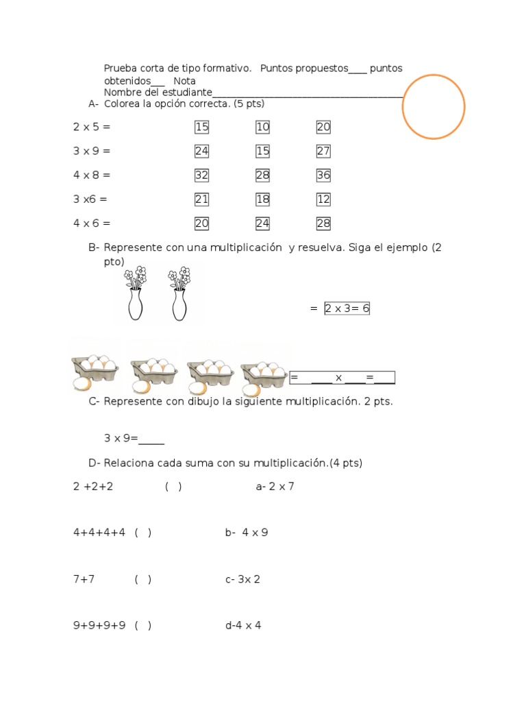 Prueba Corta de La Multiplicacion | PDF
