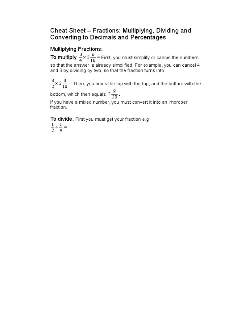 Cheat Sheet - Fractions: Multiplying, Dividing and Converting To ...
