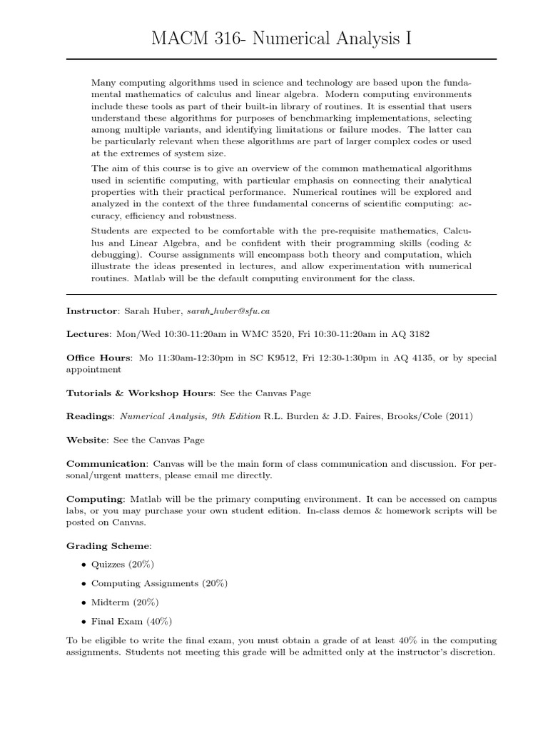 MACM 316: Numerical Analysis I Syllabus | PDF | Technology & Engineering