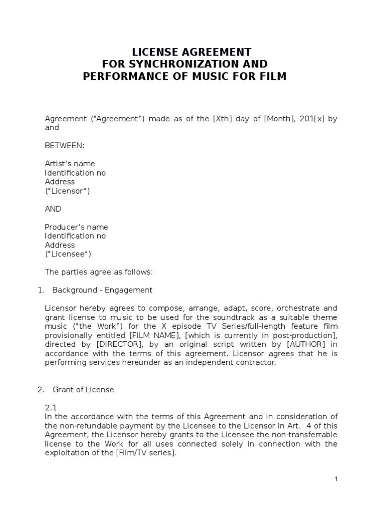 License Agreement Music For Film | PDF | Indemnity | License