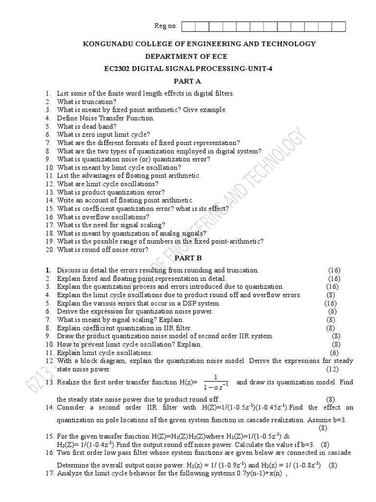 DSP Question Paper Unit 4 | PDF | Digital Signal Processing | Areas Of ...