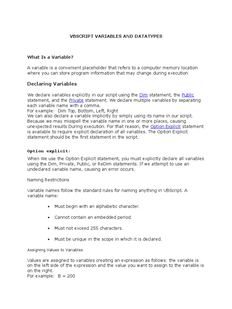 Declaring Variables: Vbscript Variables and Datatypes | PDF | Variable ...