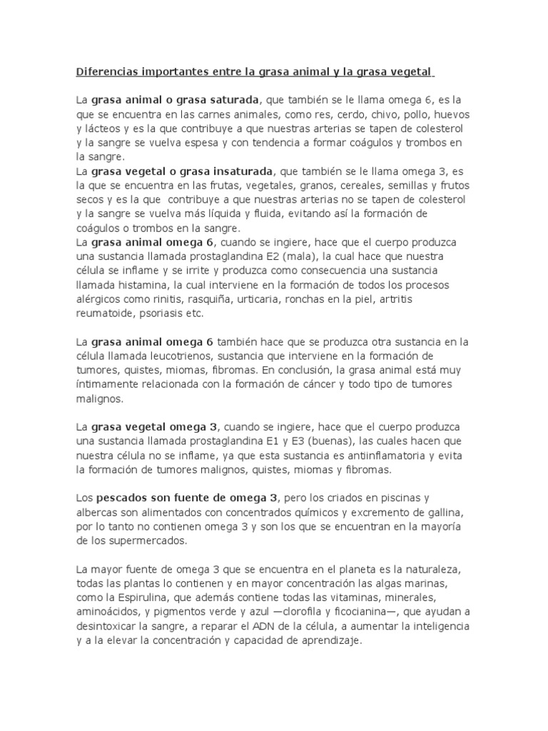 Diferencias Importantes Entre La Grasa Animal y La Grasa Vegetal | PDF ...
