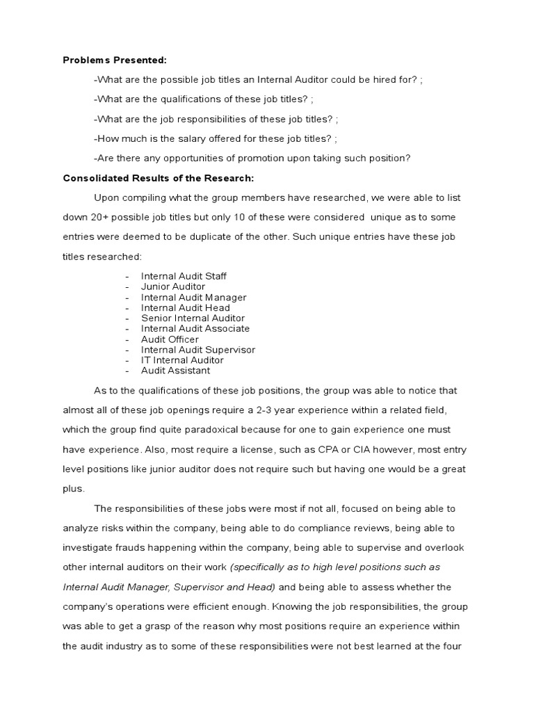 Problems Presented:: Internal Audit Manager, Supervisor and Head) and ...
