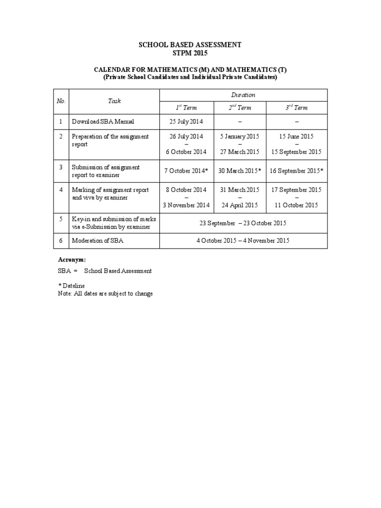 STPM 2015 Mathematics SBA Calendar | PDF | Educational Stages | Student ...