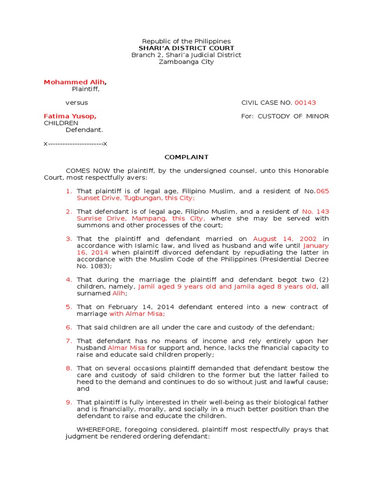 Example of Complaint (Islamjur) | PDF | Complaint | Sharia