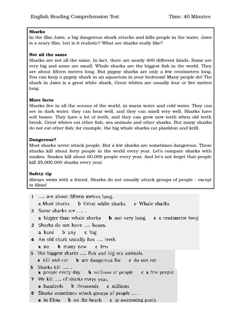 Comprehension Test | PDF | Sharks | Great White Shark