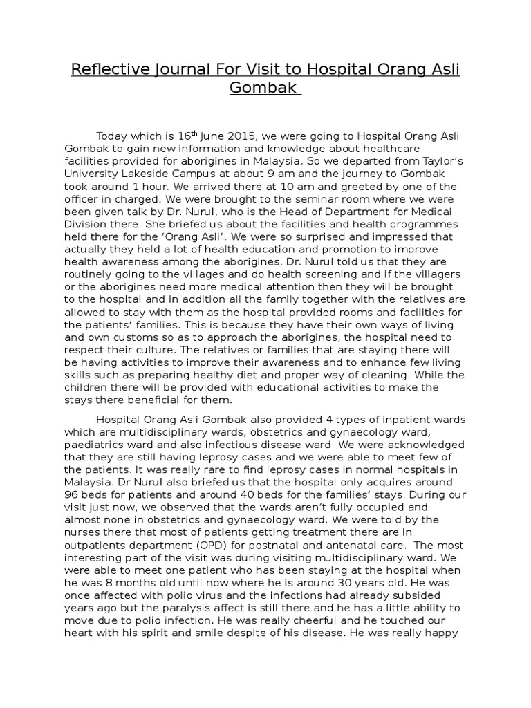 Reflective Journal For Visit To Hospital Orang Asli Gombak | PDF ...