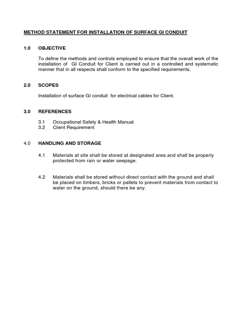 GI Conduit Installation Method Statement | PDF