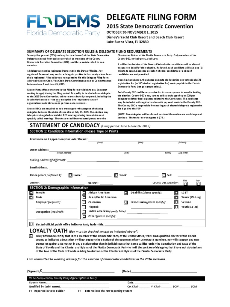 2015 Delegate Filing Form (Fillable) | PDF | Delegate | Democratic ...