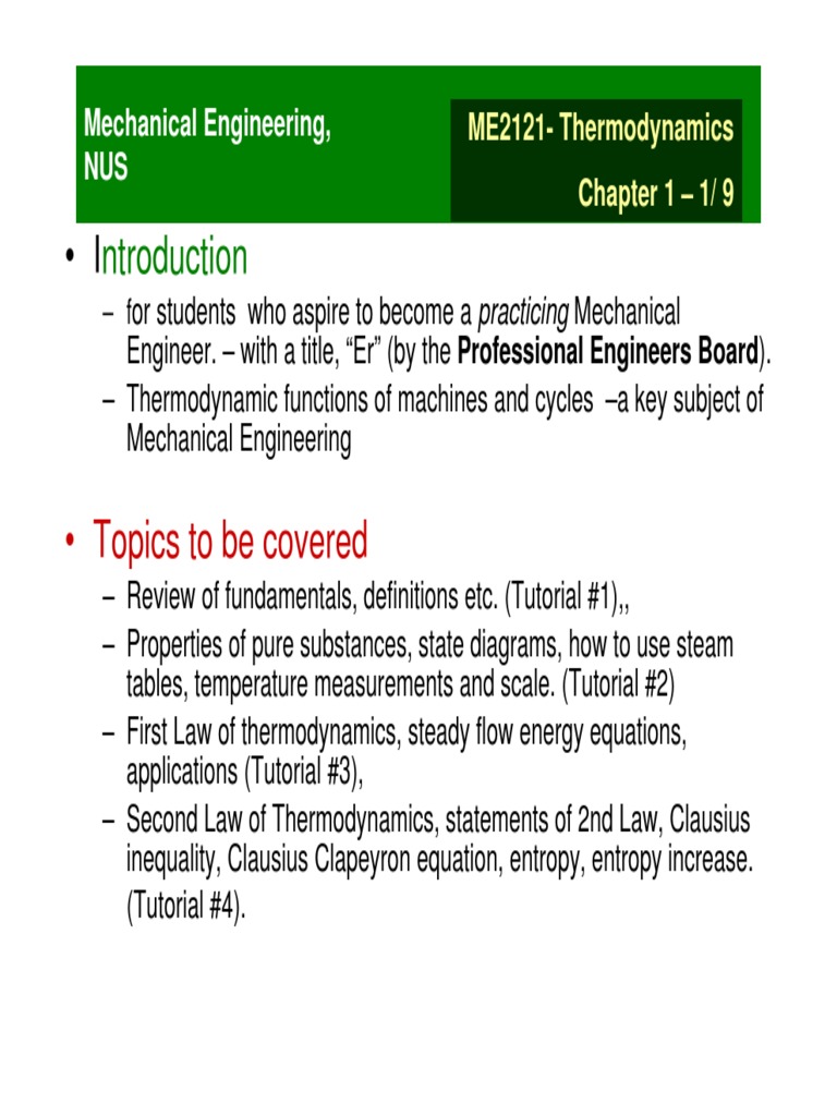 ME2121 - ME2121E Slides Chapter 1 (2014) | PDF | Thermodynamics | Entropy