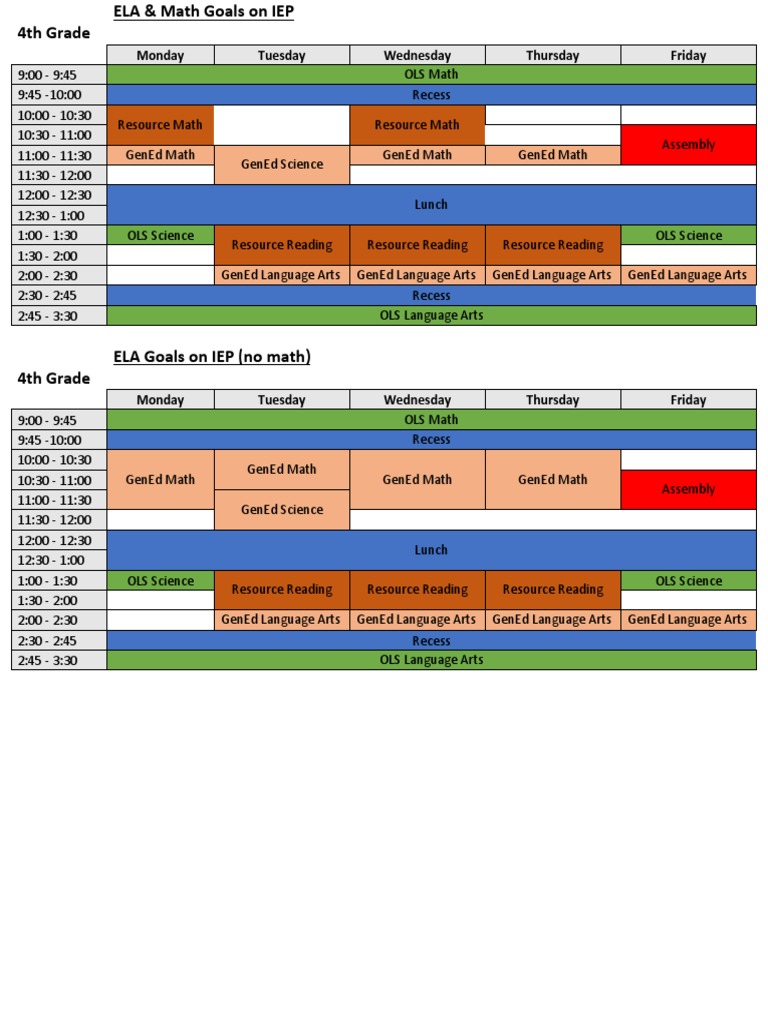 4th Grade IEP ELA & Math Goals Schedule | PDF