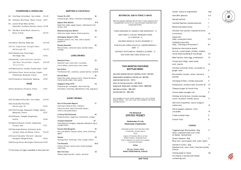 The Botanical Bar Menu - South Yarra Melbourne | PDF | Sausage ...