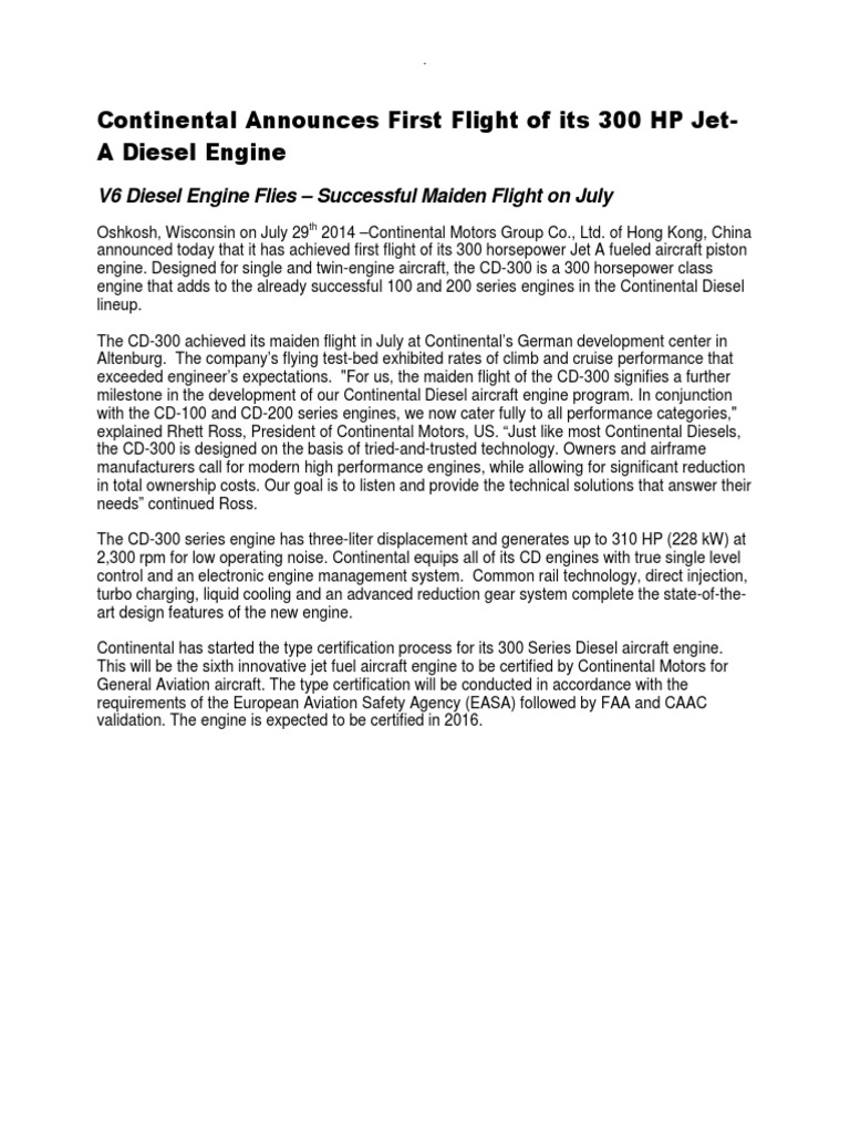 Continental CD-300 Engine Announcement | PDF | Engines | Diesel Engine