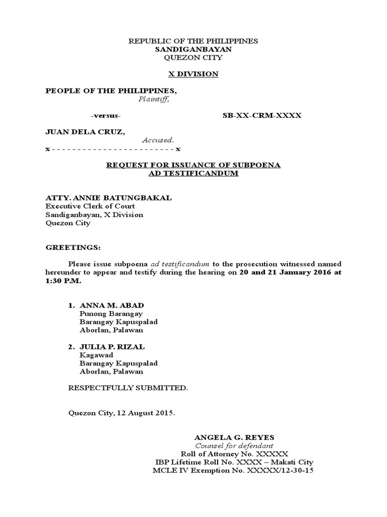 Request For Subpoena - Sample | PDF | Legal Concepts | Common Law