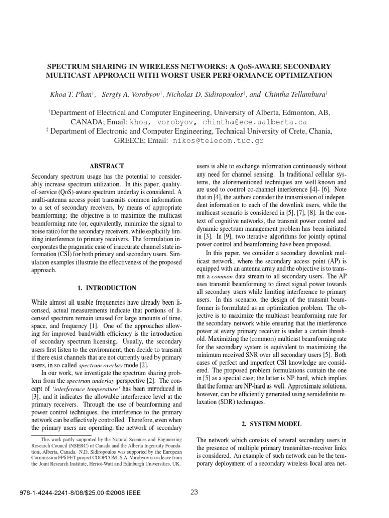 Spectrum Sharing In Wireless Networks A Qos Aware Secondary Multicast Approach With Worst User