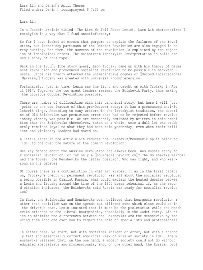 Lars Lih and Lenin's April Theses | PDF | Vladimir Lenin | Bolsheviks