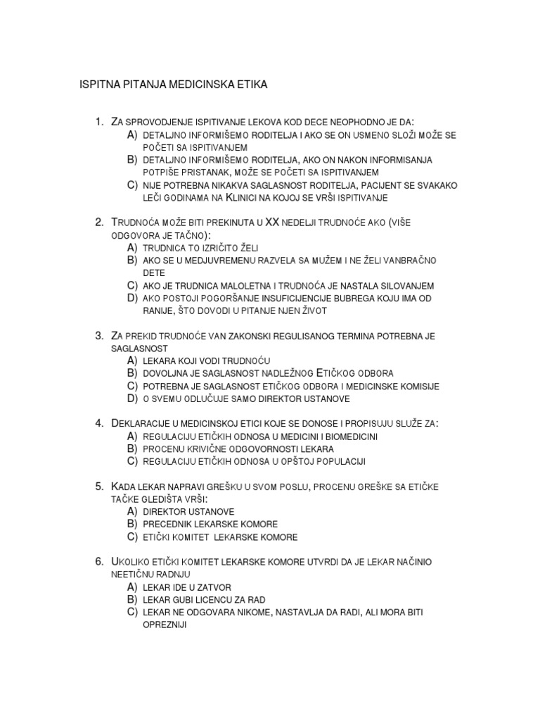 Ispitna Pitanja Medicinska Etika | PDF