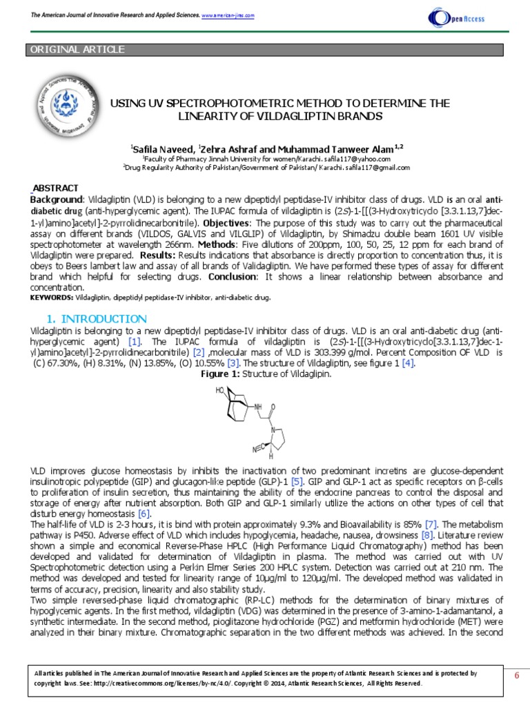 Using Uv Spectrophotometric Method To Determine The Linearity Of Vildagliptin Vld Brands