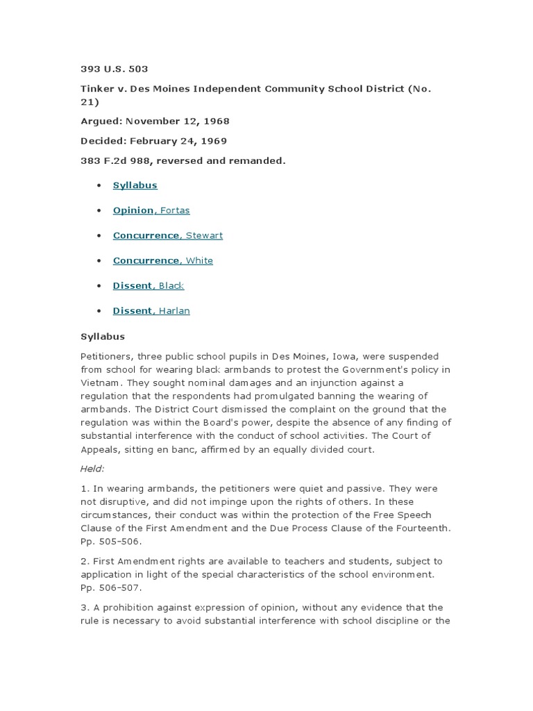 Tinker v. Des Moines: Student Free Speech | PDF | Politics | Law
