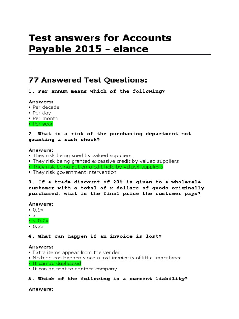 Test Answers For Accounts Payable 2015 - Elance | PDF | Accounts ...