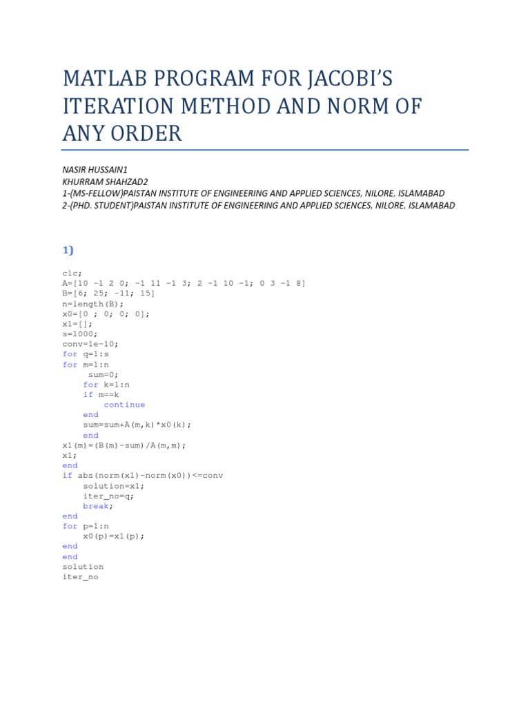 Matlab Program For Jacobi Method | PDF | Teaching Methods & Materials