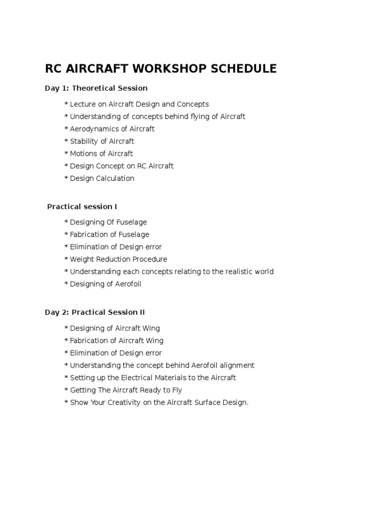 RC Aircraft Workshop Schedule | PDF | Technology & Engineering