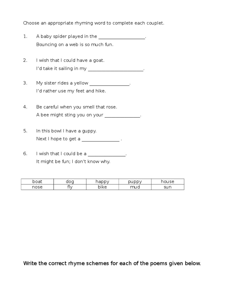 Rhyming Words Completion Worksheet | PDF