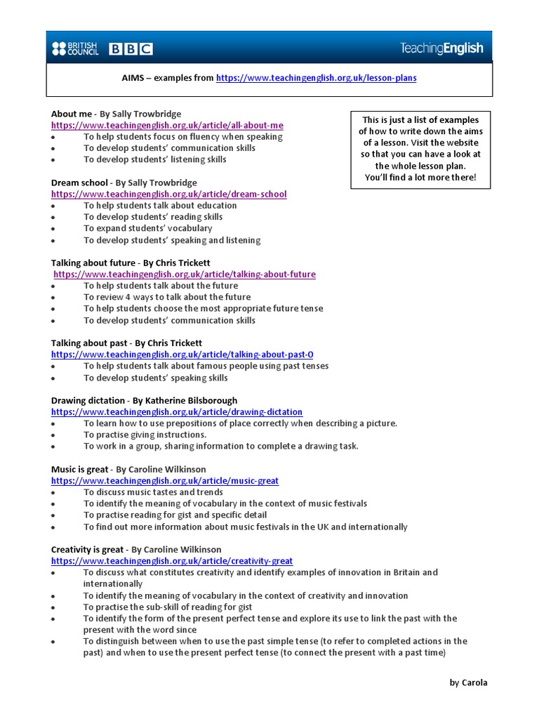 Examples Of Aims For Lesson Plans PDF