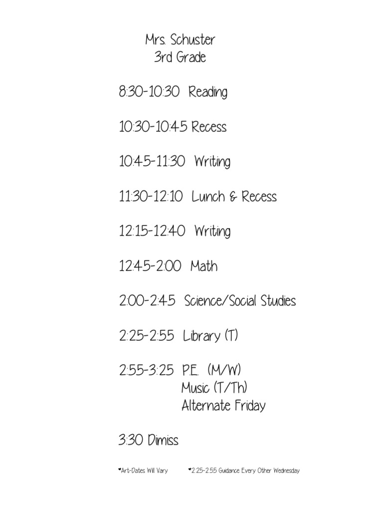 3rd Grade Daily Schedule | PDF | Social Science | Language Arts ...