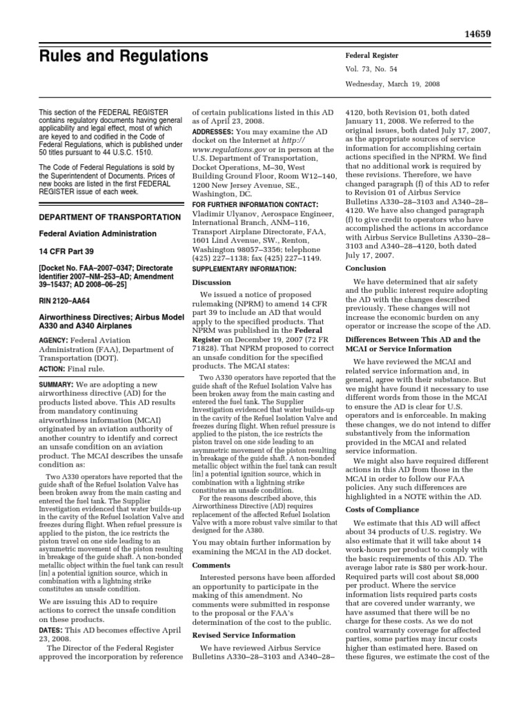 Rule: Airworthiness Directives: Airbus Model A330 and A340 Airplanes ...