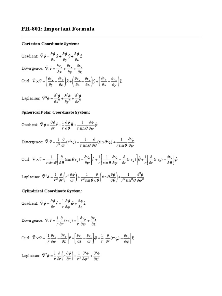 PH-801: Important Formula: Cartesian Coordinate System | PDF ...